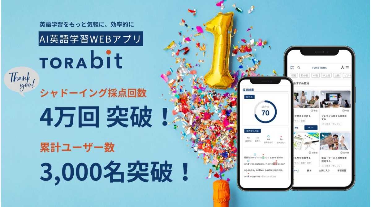 AI英語学習WEBアプリ「TORAbit（トラビット）」、リリース1周年でシャドーイング採点回数4万回、累計ユーザー数3,000名突破！ | トライズ株式会社